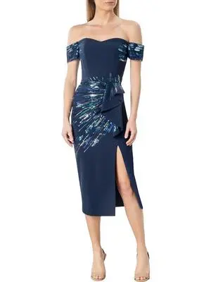 Dress The Population Alani Sequin Off-the-shoulder Midi Dress - Navy Multi
