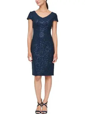 Alex Evenings Sequin Corded Lace Cocktail Dress - Navy