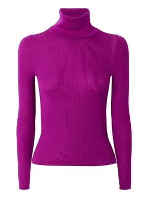 Saint Laurent Ribbed Wool, Cashmere And Silk-blend Turtleneck Sweater - Purple