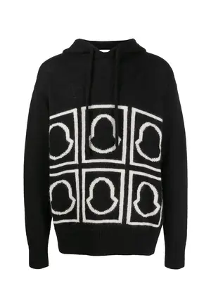 Moncler Logo Intarsia Knitted Hoodie - Black