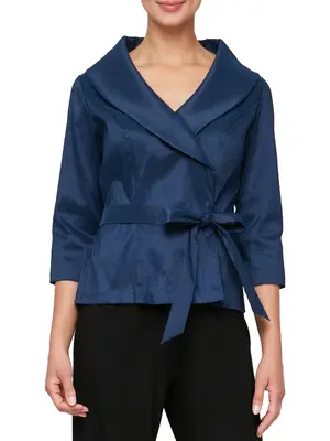 Alex Evenings ALEX EVENINGS Tie Waist Brushed Satin Top Dark Navy