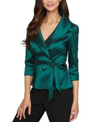Alex Evenings Tie Waist Brushed Satin Top - Emer Grn