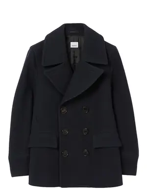 Burberry Burberry Wool Blend Pea Coat With Leather Trim Navy