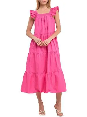 English Factory English Factory Ruffle Detail Midi Dress Fuchsia