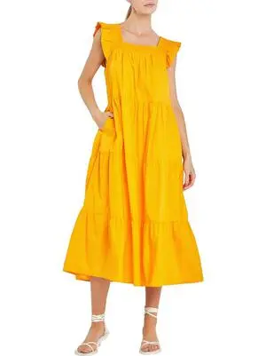 English Factory English Factory Ruffle Detail Midi Dress Orange