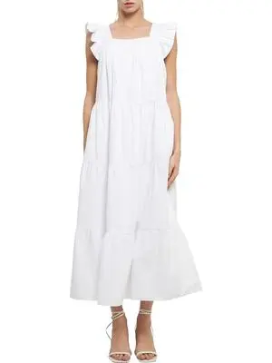 English Factory Ruffle Detail Midi Dress - White