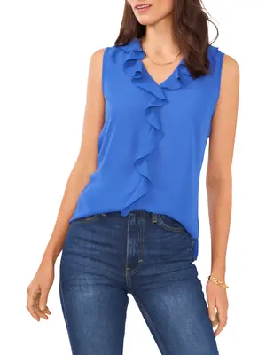 Vince Camuto Vince Camuto Ruffle Neck Georgette Blouse Blue Jay