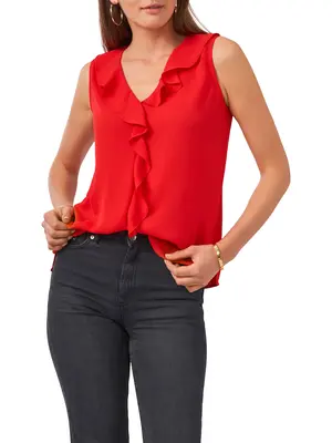 Vince Camuto Vince Camuto Ruffle Neck Georgette Blouse Bright Cherry
