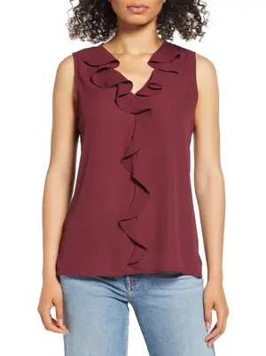 Vince Camuto Vince Camuto Ruffle Neck Georgette Blouse Cranberry