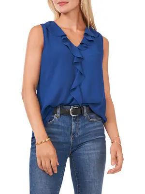 Vince Camuto Vince Camuto Ruffle Neck Georgette Blouse Deep Blue