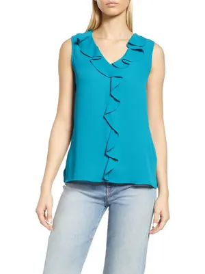 Vince Camuto Vince Camuto Ruffle Neck Georgette Blouse Teal Waters