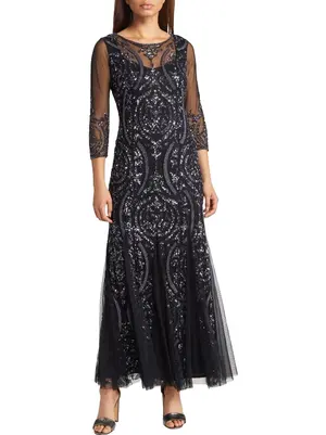 Pisarro Nights Pisarro Nights Sequin Beaded Illusion Mesh Gown Black/gun