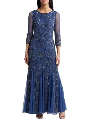 Pisarro Nights Pisarro Nights Sequin Beaded Illusion Mesh Gown Denim