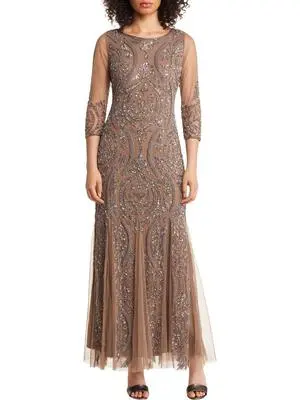 Pisarro Nights Pisarro Nights Sequin Beaded Illusion Mesh Gown Mocha