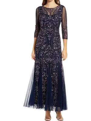 Pisarro Nights Pisarro Nights Sequin Beaded Illusion Mesh Gown Navy