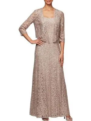 Alex Evenings Sequin Lace Gown And Jacket Set - Buff