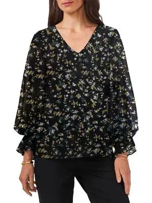 Chaus Floral Balloon Sleeve Blouse - Rich Black