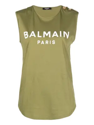 Balmain Balmain Button-Embellished Logo Tank Top Green