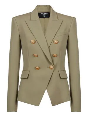 Balmain Wool Double-Breasted Blazer Green