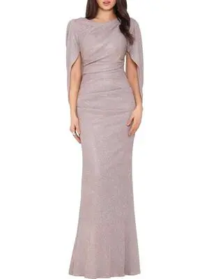 Betsy & Adam Cape Sleeve Trumpet Gown - White/pink/gold