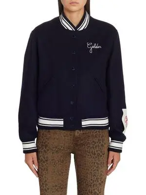GOLDEN GOOSE Golden Goose Dirce Embroidered Logo Wool-Blend Bomber Jacket Dark Blue
