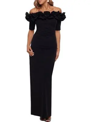XSCAPE EVENINGS Ruffle Off-the-shoulder Crepe Column Gown - Black