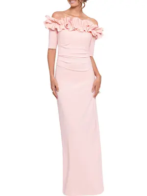 XSCAPE EVENINGS Xscape Evenings Ruffle Off-The-Shoulder Crepe Column Gown Blush