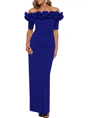 XSCAPE EVENINGS Xscape Evenings Ruffle Off-The-Shoulder Crepe Column Gown Marine