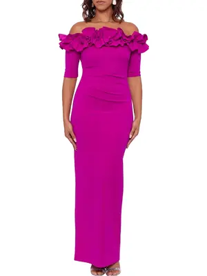 XSCAPE EVENINGS Xscape Evenings Ruffle Off-The-Shoulder Crepe Column Gown New Fuchia