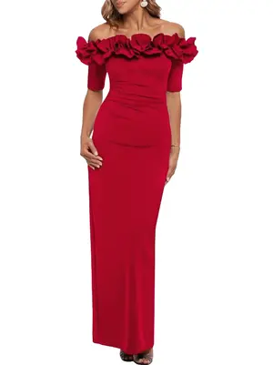 XSCAPE EVENINGS Xscape Evenings Ruffle Off-The-Shoulder Crepe Column Gown Red