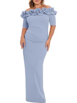 XSCAPE EVENINGS Xscape Evenings Ruffle Off-The-Shoulder Crepe Column Gown Sky Blue