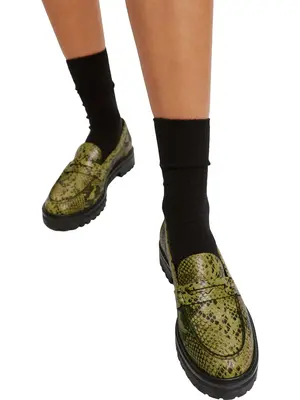 REFORMATION Agathea Chunky Leather Loafer Lime Snake Emboss
