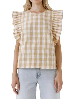 English Factory Gingham Ruffle Sleeve Top - Beige