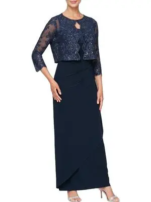Alex Evenings Embroidered Empire Gown With Jacket - Navy