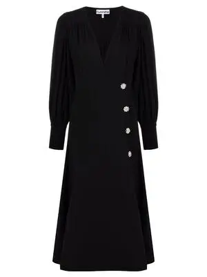 GANNI V-neck Wrap Midi Dress With Balloon Sleeves And Button Detailing - Black