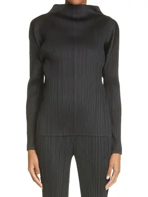 Issey Miyake Funnel Neck Pleated Top Black