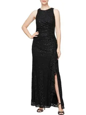 Alex Evenings Alex Evenings Ruffle Sequin Lace Gown Black