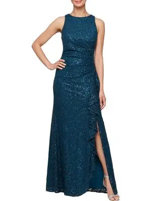 Alex Evenings Alex Evenings Ruffle Sequin Lace Gown Deep Teal