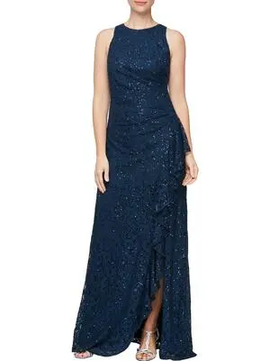 Alex Evenings Ruffle Sequin Lace Gown - Navy