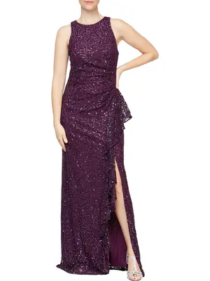 Alex Evenings Alex Evenings Ruffle Sequin Lace Gown Plum