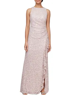 Alex Evenings Alex Evenings Ruffle Sequin Lace Gown Shell Pink