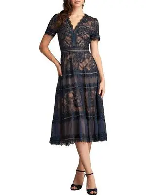 Tadashi Shoji Lace & Mesh Midi A-line Dress - Navy/nude