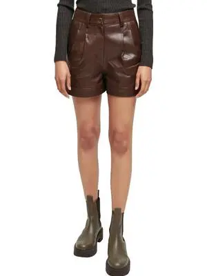 Maje High Waisted Lambskin Leather Shorts - Brown
