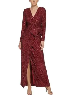 Eliza J Sequined Wrap Gown - Ruby Red