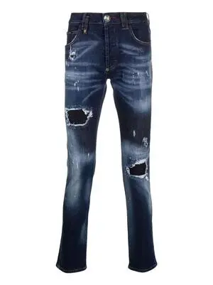 Philipp Plein Super Straight Stonewash Distressed Jeans - Blue