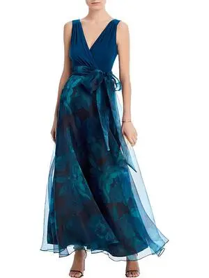 Eliza J Sleeveless Floral Chiffon Gown - Teal