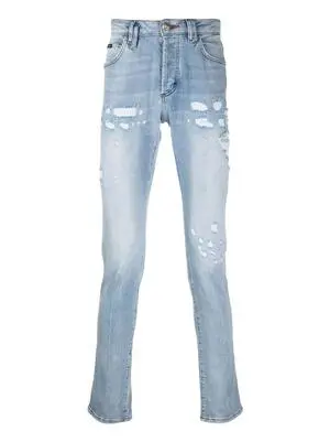 Philipp Plein Super Straight Stonewash Distressed Jeans - Blue