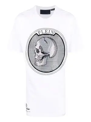 Philipp Plein Outline Skull Crystal Cotton T-shirt - White