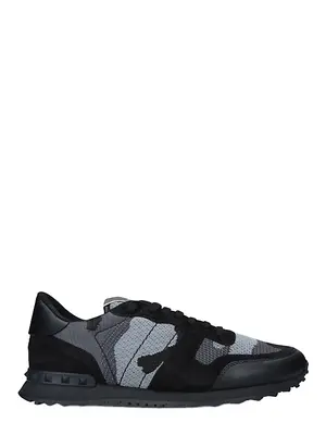 Valentino Garavani Rockrunner Camouflage-Print Leather Trainers Blk/grey