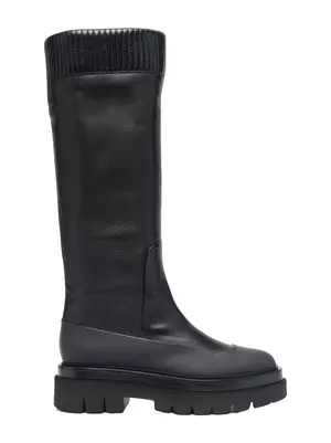 Santoni Ribbed Leather Knee-high Boots - Black